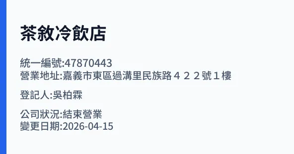 茶敘冷飲店的照片-統編 47870443(嘉義市) 公司登記資料與營業項目詳細圖表