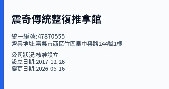 震奇傳統整復推拿館的照片-統編 47870555(嘉義市) 公司登記資料與營業項目詳細圖表