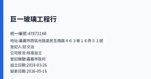 巨一玻璃工程行的照片-統編 47872168(嘉義市) 公司登記資料與營業項目詳細圖表