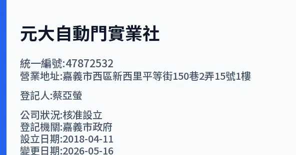 元大自動門實業社的照片-統編 47872532(嘉義市) 公司登記資料與營業項目詳細圖表