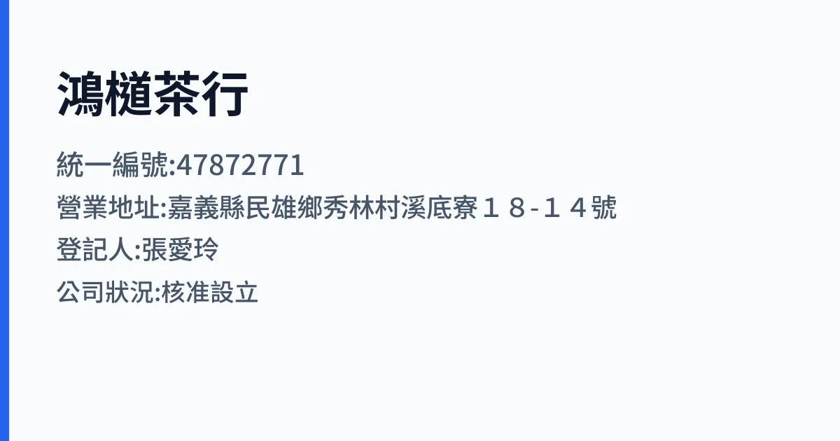 鴻檤茶行 - 統編 47872771(嘉義市) 公司登記資料與營業項目詳細圖表