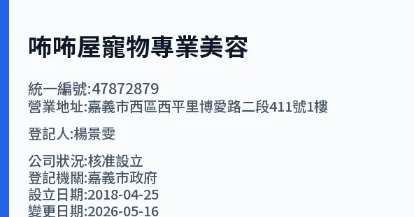 咘咘屋寵物專業美容的照片-統編 47872879(嘉義市) 公司登記資料與營業項目詳細圖表