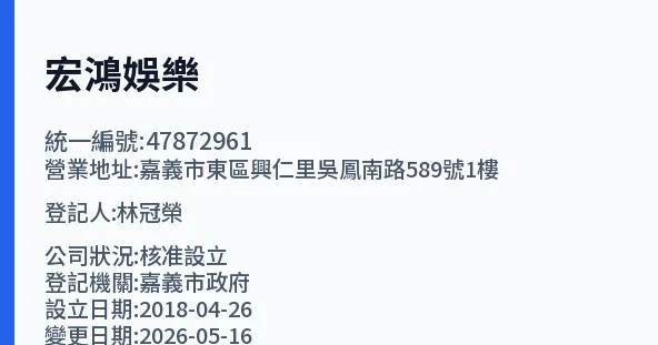 宏鴻娛樂的照片-統編 47872961(嘉義市) 公司登記資料與營業項目詳細圖表