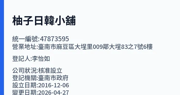 柚子日韓小舖的照片-統編 47873595(臺南市) 公司登記資料與營業項目詳細圖表