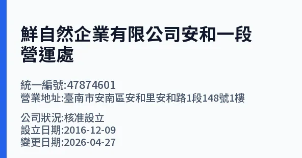 鮮自然企業有限公司安和一段營運處的照片-統編 47874601(臺南市) 公司登記資料與營業項目詳細圖表