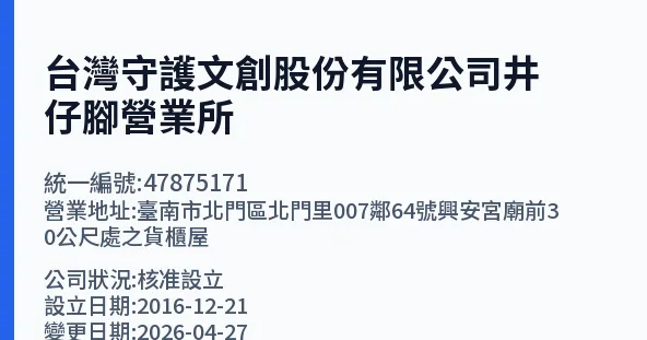 台灣守護文創股份有限公司井仔腳營業所的照片-統編 47875171(臺南市) 公司登記資料與營業項目詳細圖表