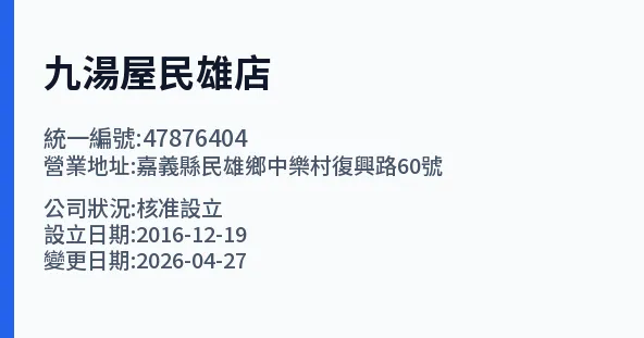 九湯屋民雄店的照片-統編 47876404(嘉義縣) 公司登記資料與營業項目詳細圖表