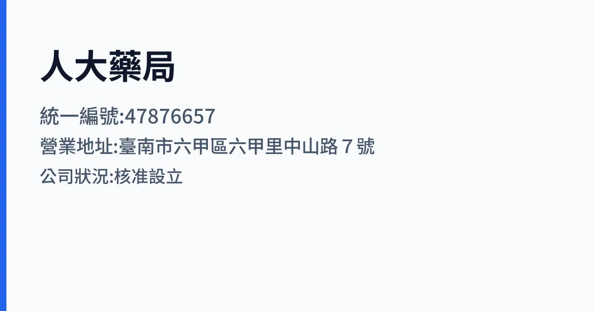 人大藥局 - 統編 47876657(臺南市) 公司登記資料與營業項目詳細圖表