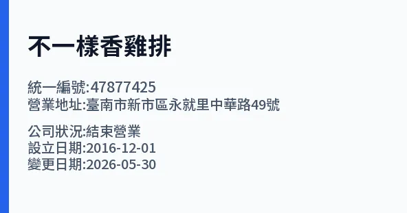 不一樣香雞排的照片-統編 47877425(臺南市) 公司登記資料與營業項目詳細圖表