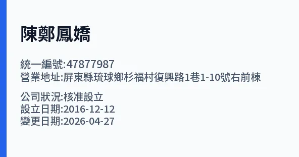 陳鄭鳳嬌的照片-統編 47877987(屏東縣) 公司登記資料與營業項目詳細圖表