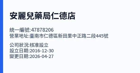 安麗兒藥局仁德店的照片-統編 47878206(臺南市) 公司登記資料與營業項目詳細圖表