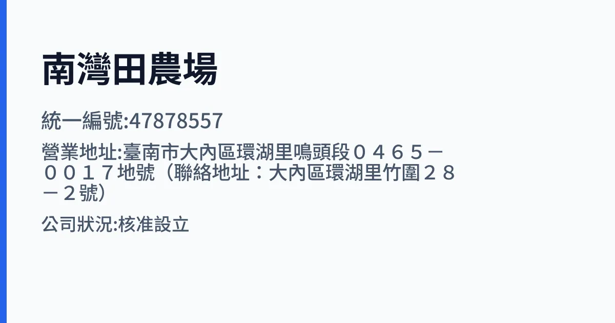 南灣田農場 - 統編 47878557(臺南市) 公司登記資料與營業項目詳細圖表
