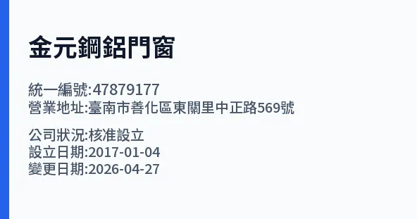 金元鋼鋁門窗的照片-統編 47879177(臺南市) 公司登記資料與營業項目詳細圖表