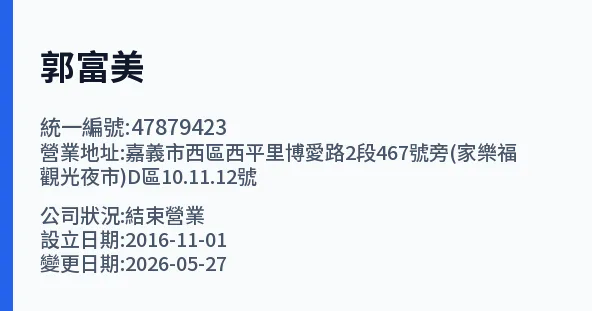 郭富美的照片-統編 47879423(嘉義市) 公司登記資料與營業項目詳細圖表