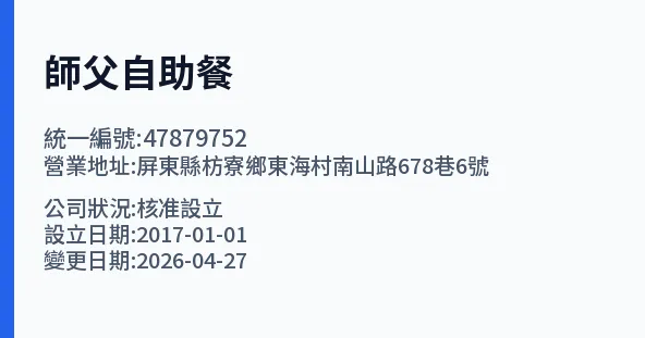 師父自助餐的照片-統編 47879752(屏東縣) 公司登記資料與營業項目詳細圖表