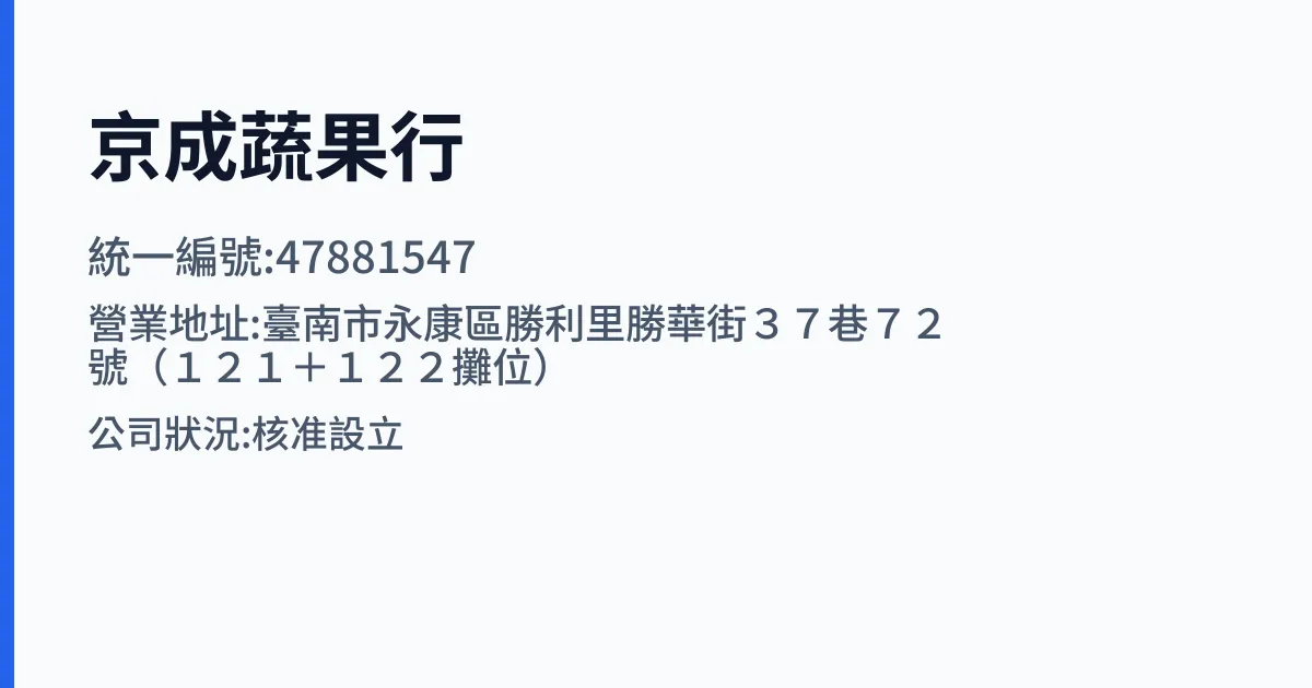 京成蔬果行 - 統編 47881547(臺南市) 公司登記資料與營業項目詳細圖表