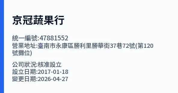京冠蔬果行的照片-統編 47881552(臺南市) 公司登記資料與營業項目詳細圖表