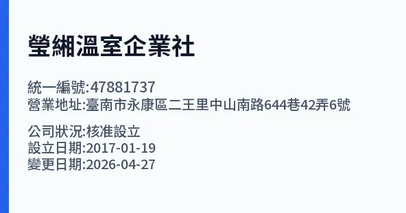 瑩緗溫室企業社的照片-統編 47881737(臺南市) 公司登記資料與營業項目詳細圖表