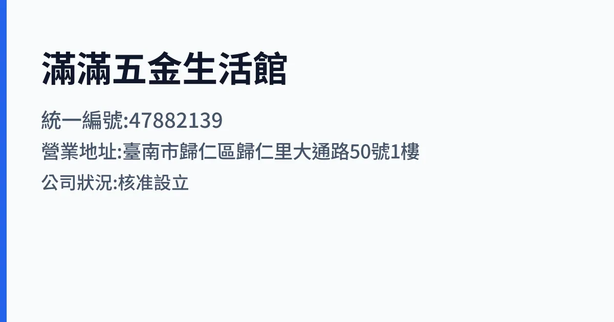 滿滿五金生活館 - 統編 47882139(臺南市) 公司登記資料與營業項目詳細圖表