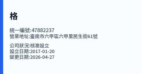 格的照片-統編 47882237(臺南市) 公司登記資料與營業項目詳細圖表