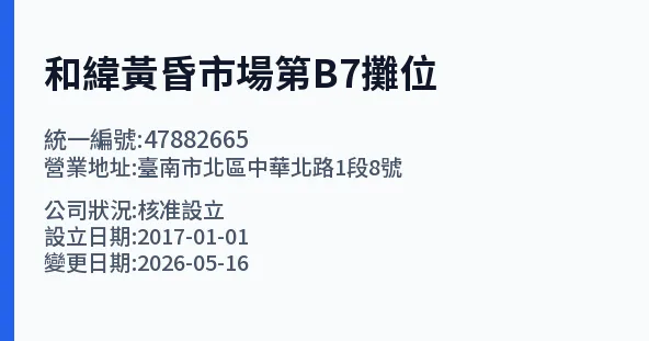 和緯黃昏市場第B7攤位的照片-統編 47882665(臺南市) 公司登記資料與營業項目詳細圖表