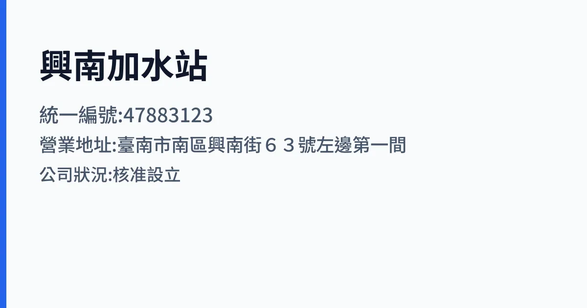 興南加水站 - 統編 47883123(臺南市) 公司登記資料與營業項目詳細圖表