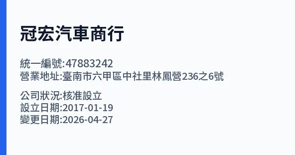 冠宏汽車商行的照片-統編 47883242(臺南市) 公司登記資料與營業項目詳細圖表
