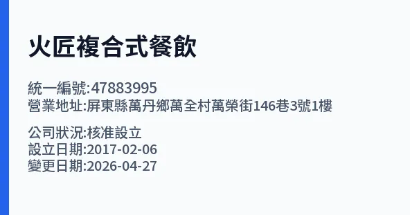 火匠複合式餐飲的照片-統編 47883995(屏東縣) 公司登記資料與營業項目詳細圖表