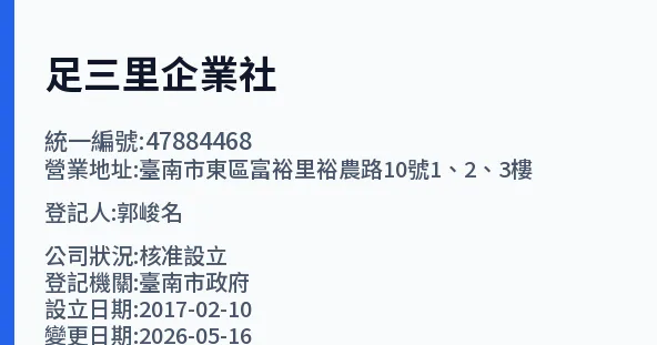 足三里企業社的照片-統編 47884468(臺南市) 公司登記資料與營業項目詳細圖表