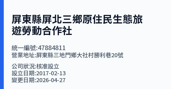 屏東縣屏北三鄉原住民生態旅遊勞動合作社的照片-統編 47884811(屏東縣) 公司登記資料與營業項目詳細圖表