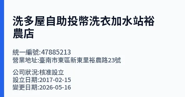 洗多屋自助投幣洗衣加水站裕農店的照片-統編 47885213(臺南市) 公司登記資料與營業項目詳細圖表