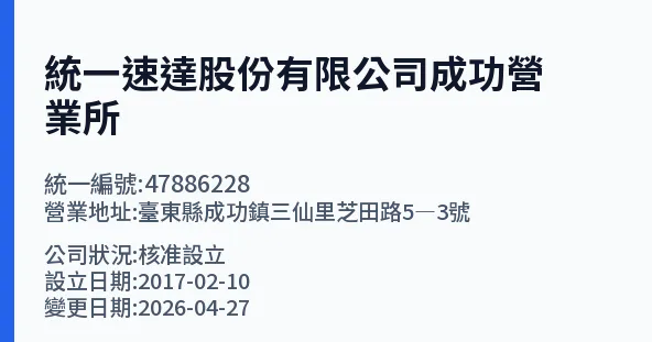 統一速達股份有限公司成功營業所的照片-統編 47886228(臺東縣) 公司登記資料與營業項目詳細圖表