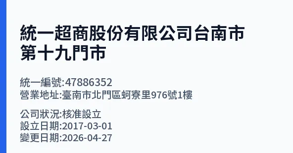 統一超商股份有限公司台南市第十九門市的照片-統編 47886352(臺南市) 公司登記資料與營業項目詳細圖表