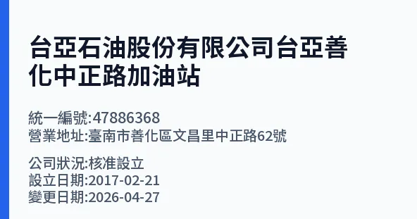 台亞石油股份有限公司台亞善化中正路加油站的照片-統編 47886368(臺南市) 公司登記資料與營業項目詳細圖表