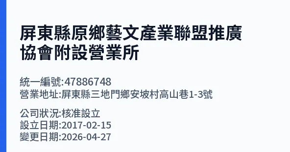 屏東縣原鄉藝文產業聯盟推廣協會附設營業所的照片-統編 47886748(屏東縣) 公司登記資料與營業項目詳細圖表