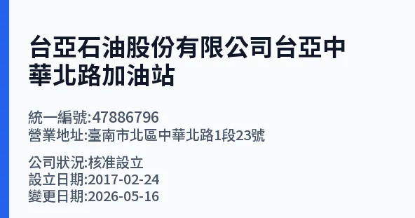 台亞石油股份有限公司台亞中華北路加油站的照片-統編 47886796(臺南市) 公司登記資料與營業項目詳細圖表