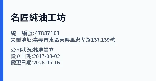 名匠純油工坊的照片-統編 47887161(嘉義市) 公司登記資料與營業項目詳細圖表
