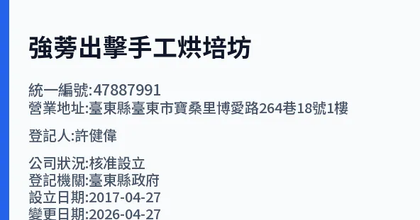 強蒡出擊手工烘培坊的照片-統編 47887991(臺東縣) 公司登記資料與營業項目詳細圖表