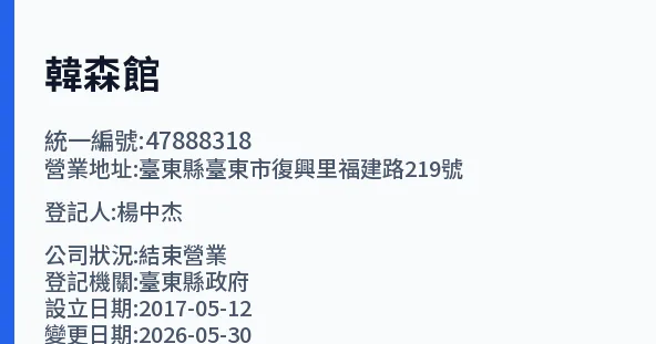 韓森館的照片-統編 47888318(臺東縣) 公司登記資料與營業項目詳細圖表