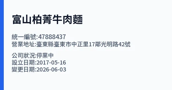 富山柏菁牛肉麵的照片-統編 47888437(臺東縣) 公司登記資料與營業項目詳細圖表