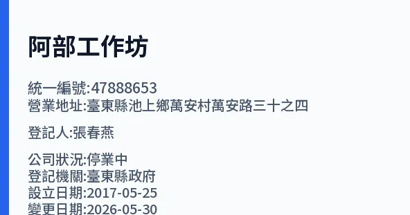 阿部工作坊的照片-統編 47888653(臺東縣) 公司登記資料與營業項目詳細圖表