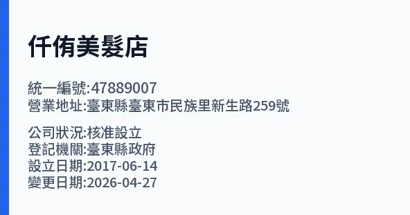 仟侑美髮店的照片-統編 47889007(臺東縣) 公司登記資料與營業項目詳細圖表