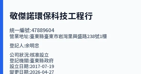敬傑諾環保科技工程行的照片-統編 47889604(臺東縣) 公司登記資料與營業項目詳細圖表