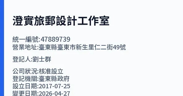 澄實旅郵設計工作室的照片-統編 47889739(臺東縣) 公司登記資料與營業項目詳細圖表