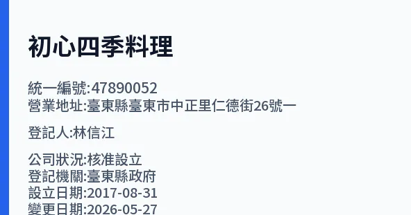 初心四季料理的照片-統編 47890052(臺東縣) 公司登記資料與營業項目詳細圖表