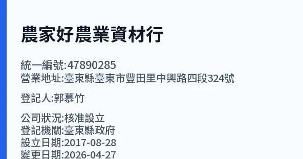 農家好農業資材行的照片-統編 47890285(臺東縣) 公司登記資料與營業項目詳細圖表
