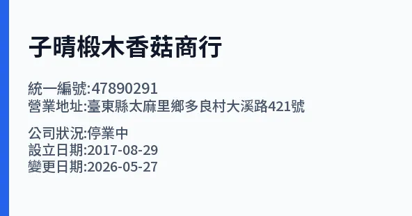 子晴椴木香菇商行的照片-統編 47890291(臺東縣) 公司登記資料與營業項目詳細圖表