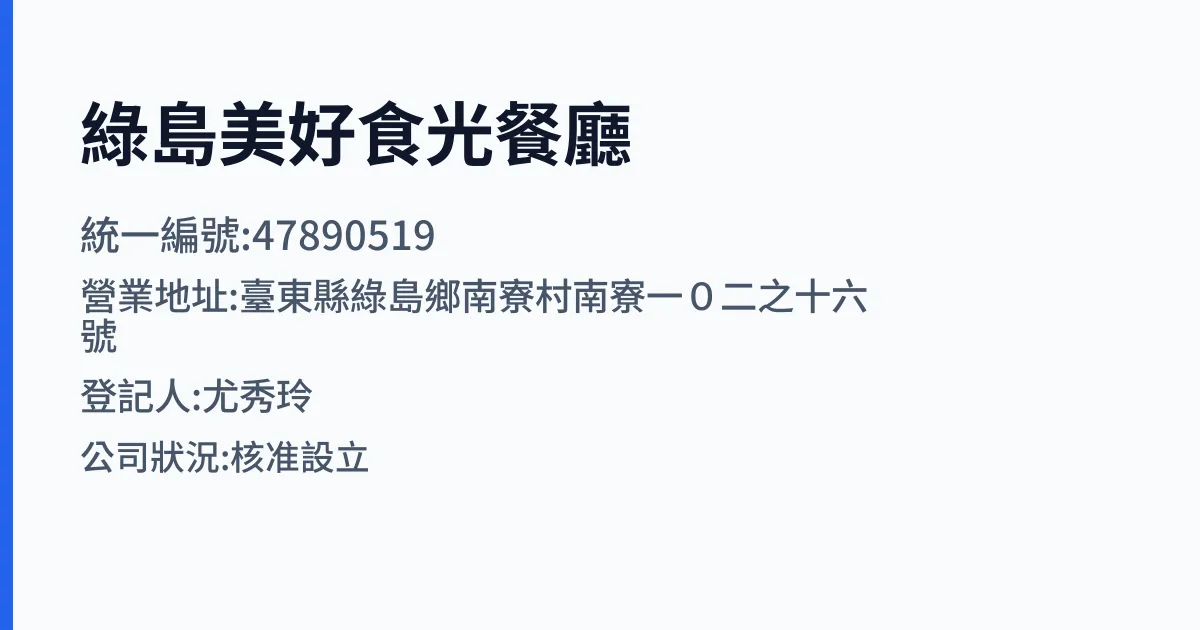 綠島美好食光餐廳 - 統編 47890519(臺東縣) 公司登記資料與營業項目詳細圖表