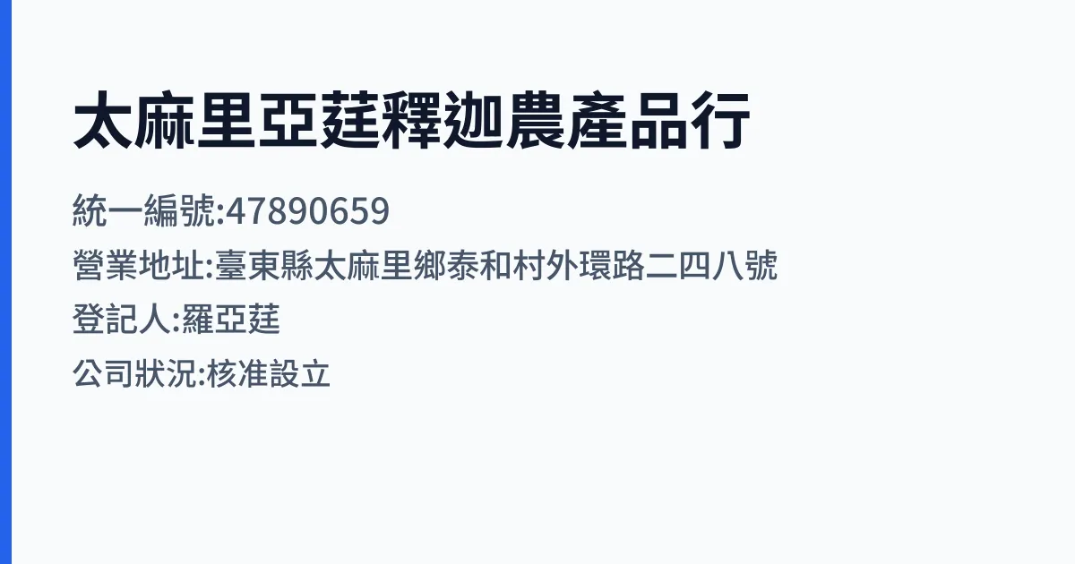 太麻里亞莛釋迦農產品行 - 統編 47890659（臺東縣） 公司登記資料與營業項目詳細圖表