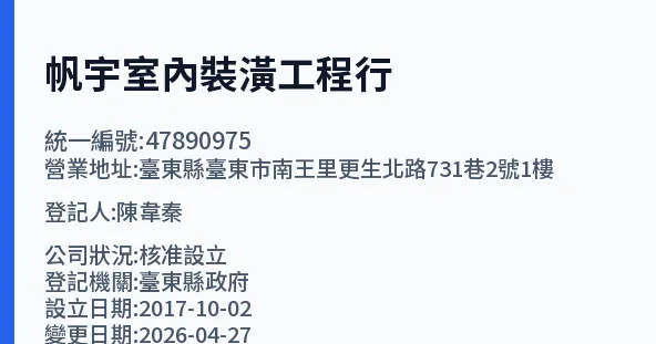 帆宇室內裝潢工程行的照片-統編 47890975(臺東縣) 公司登記資料與營業項目詳細圖表